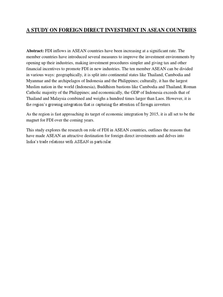 FDI Trends in ASEAN Countries | PDF | Association Of Southeast Asian ...