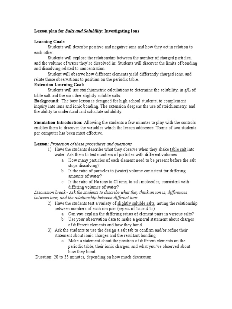 Lesson Plan For Salts and Solubility | PDF | Ion | Solubility