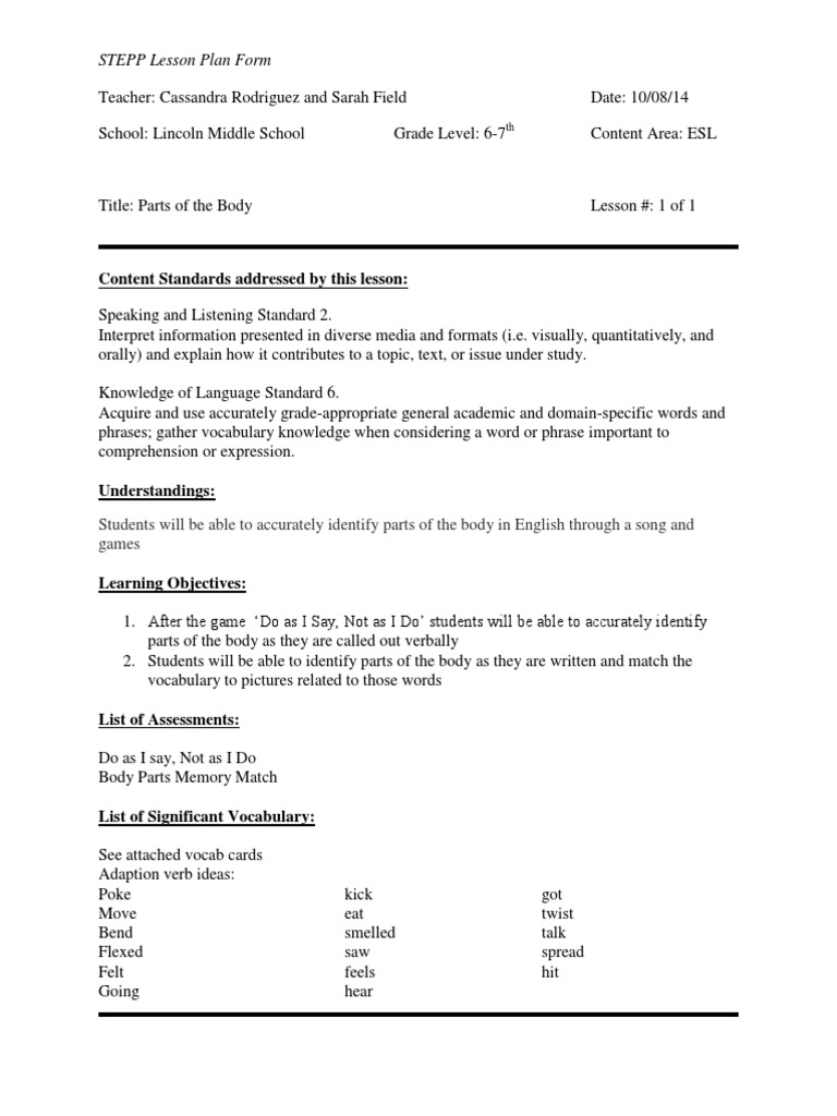 ESL Body Parts Lesson Plan | PDF | Vocabulary | Educational Assessment