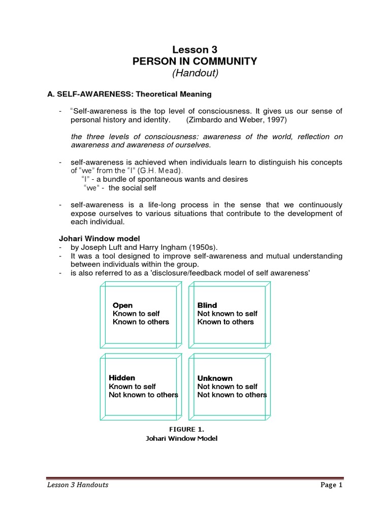 Lesson 3 Handout | PDF | Self | Self Awareness
