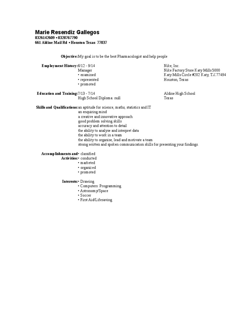 Marie Resendiz Gallegos - Pharmacologist Resume | PDF | Career & Growth ...