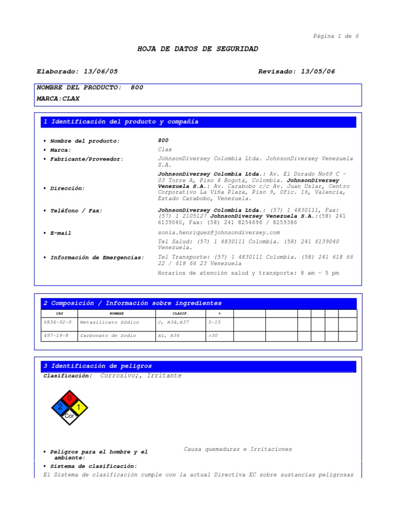 MSDS Clax 800 | PDF | Contaminación | Agua