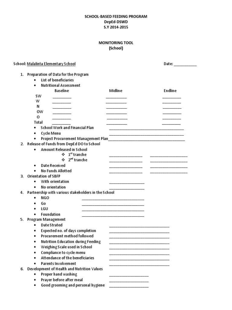 School-Based Feeding Program Monitoring Tool | PDF
