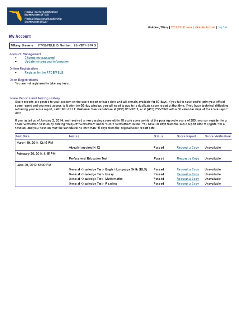 FTCE/FELE Account and Test Scores | PDF