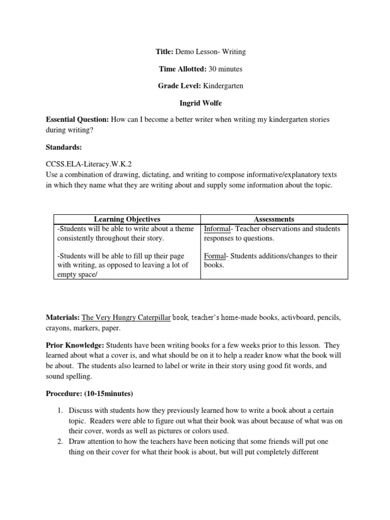 Kindergarten Writing Demo Lesson Plan | PDF | Classroom | Teachers