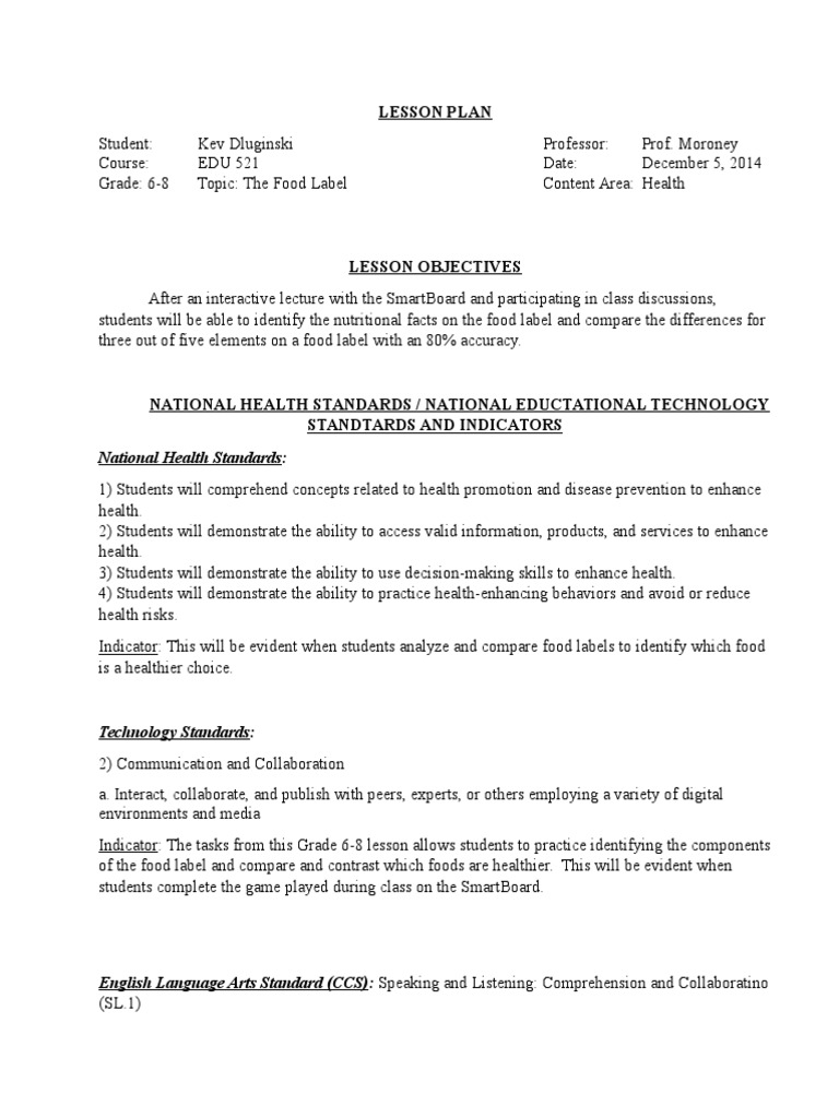 Kevins Nutrition Lesson Plan 1216 | PDF | Nutrition Facts Label | Nutrition