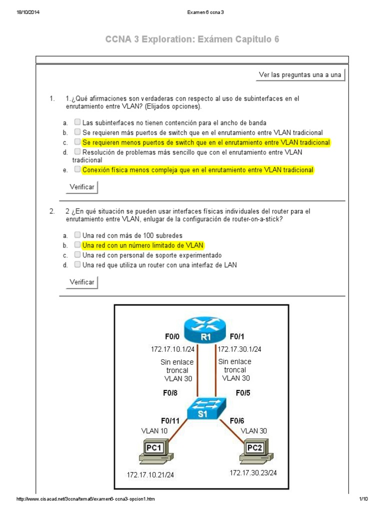 Examen 6 Ccna 3 | PDF | Enrutador (Computación) | Conmutador de red