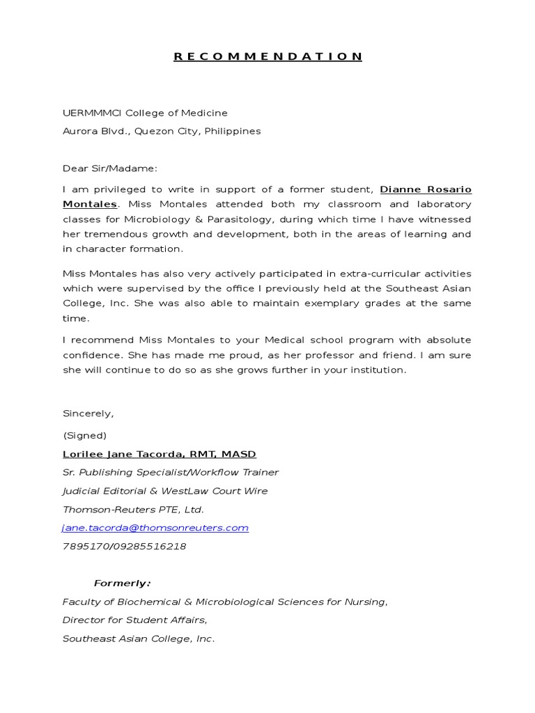 Recommendation Letter | Medical School | Medicine