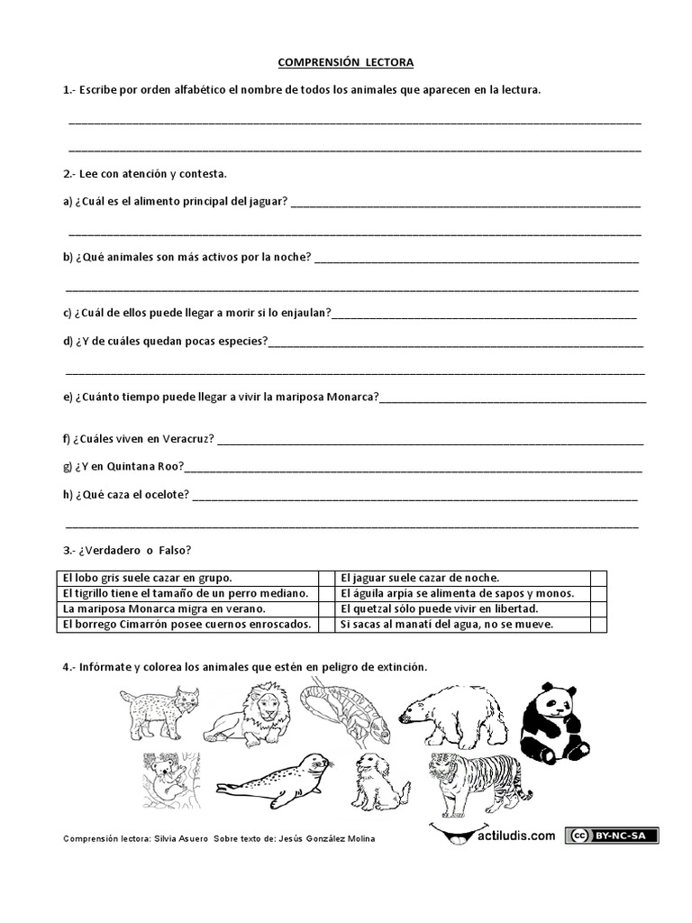 Comprensión Lectora. Animales | PDF