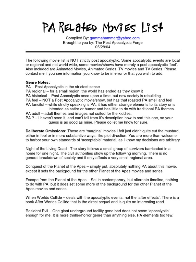 Gamma World - Post-Apocalyptic Movies | PDF | Apocalyptic And Post ...