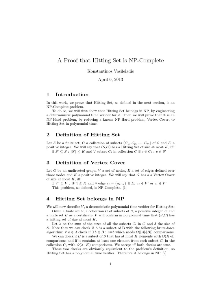 Proof Hitting Set NP-Complete Problem | PDF | Time Complexity | Graph ...