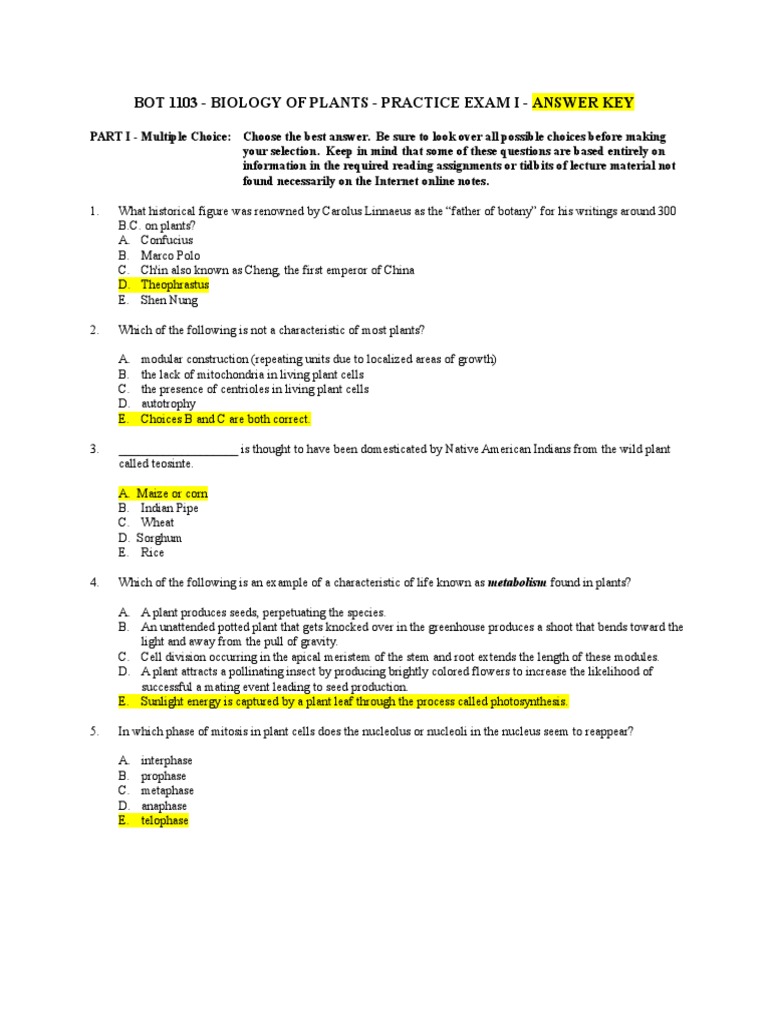 Botany Practice Test I - Answer Key | PDF | Tissue (Biology) | Cell Wall