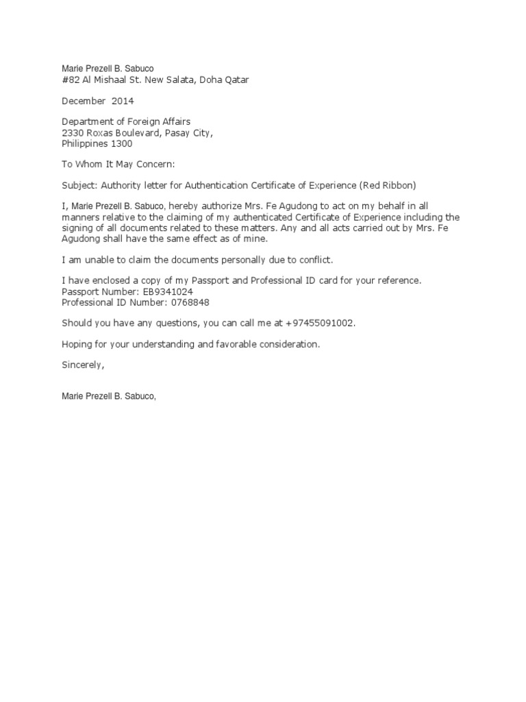 Dfa Authorization Letter For Claiming Authenticated | PDF | Law