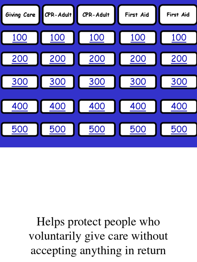 Jeopardy CPR | PDF | Cardiopulmonary Resuscitation | First Aid