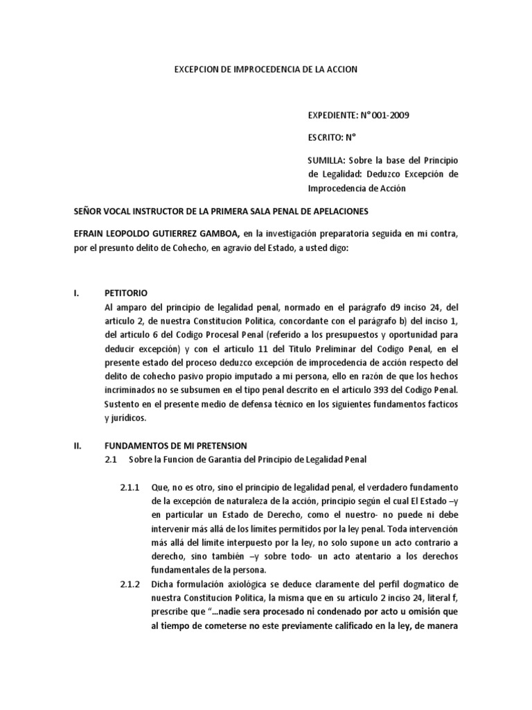 Modelo de Excepcion de Improcedencia de La Accion | PDF | Intención (Derecho Penal) | Derecho penal