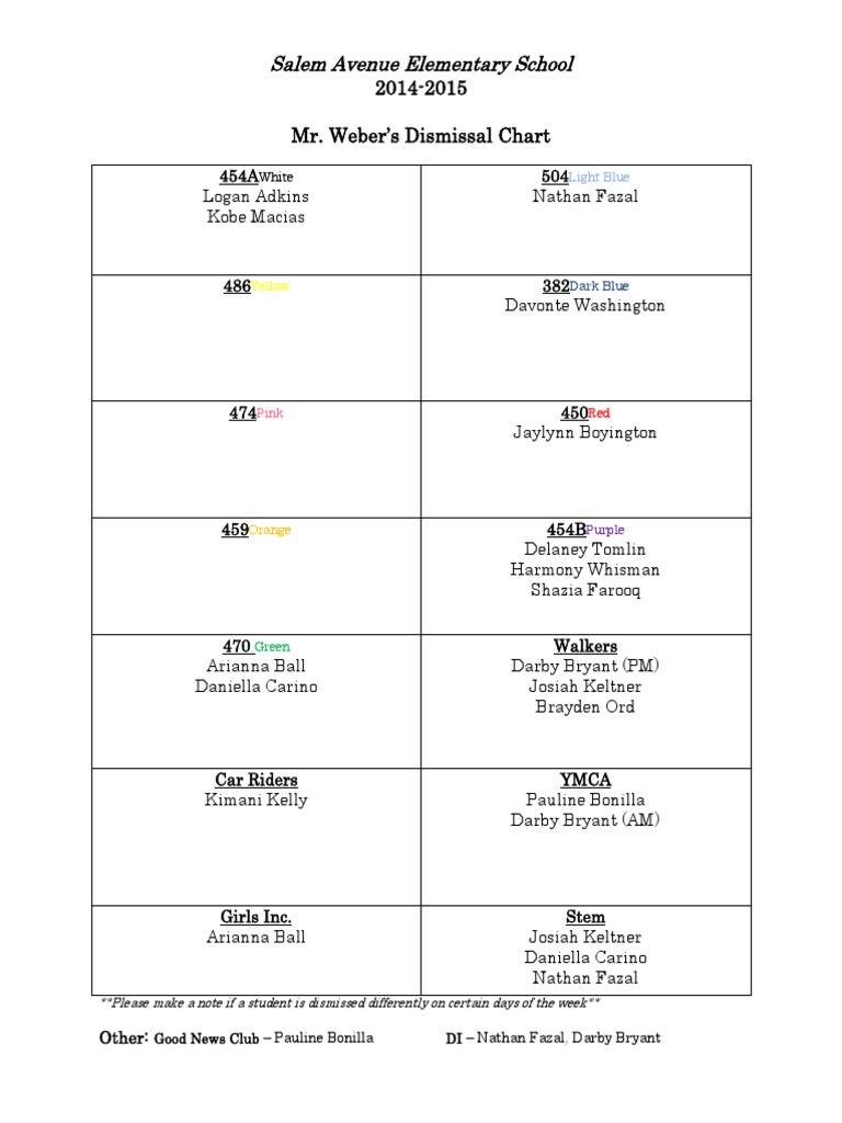Salem Avenue School Dismissal Chart 2014-2015 | PDF