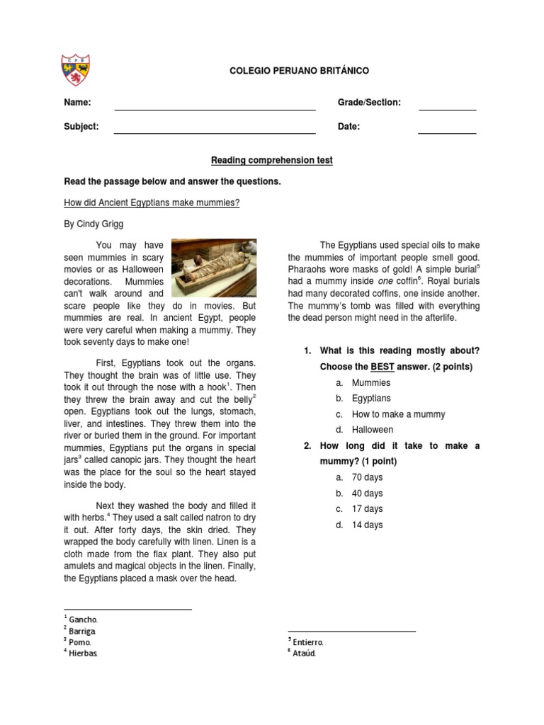4th Grade - Reading Comprehension Test | PDF | Mummy | Linens