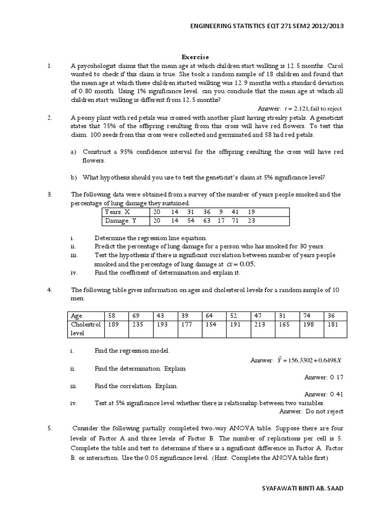 Statistic Exercise 2 Pdf Analysis Of Variance Errors And Residuals