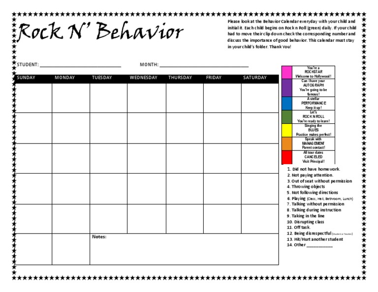 Rock N' Behavior Calendar Guide | PDF