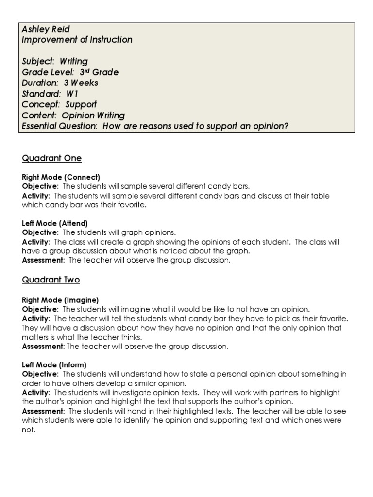 4mat Lesson On Opinion Writing | PDF | Sharing | Educational Assessment