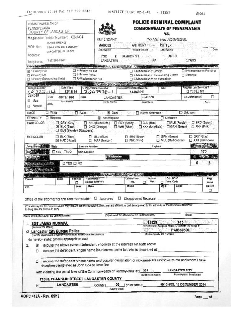 Marcus Anthony Rutter, Police Criminal Complaint | PDF