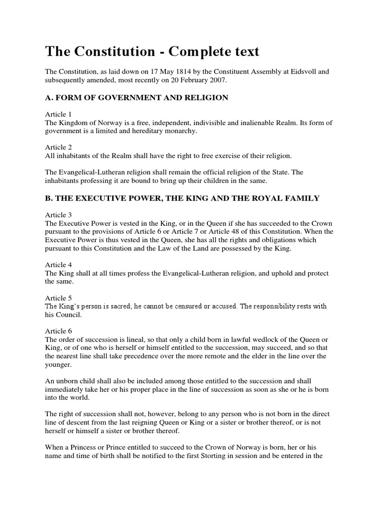 The Constitution - Complete Text: A. Form of Government and Religion ...
