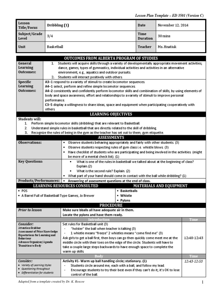 Basketball Dribbling Lesson Plan | PDF | Educational Assessment ...