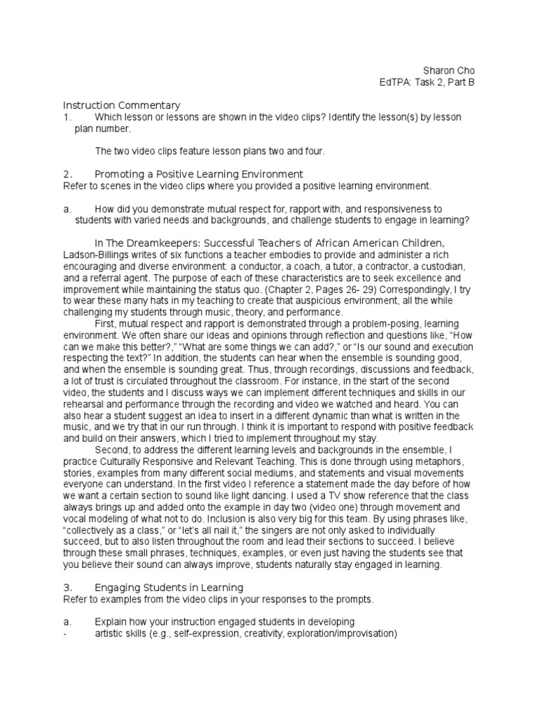 Edtpa Task 2 - Part B | PDF | Singing | Teachers