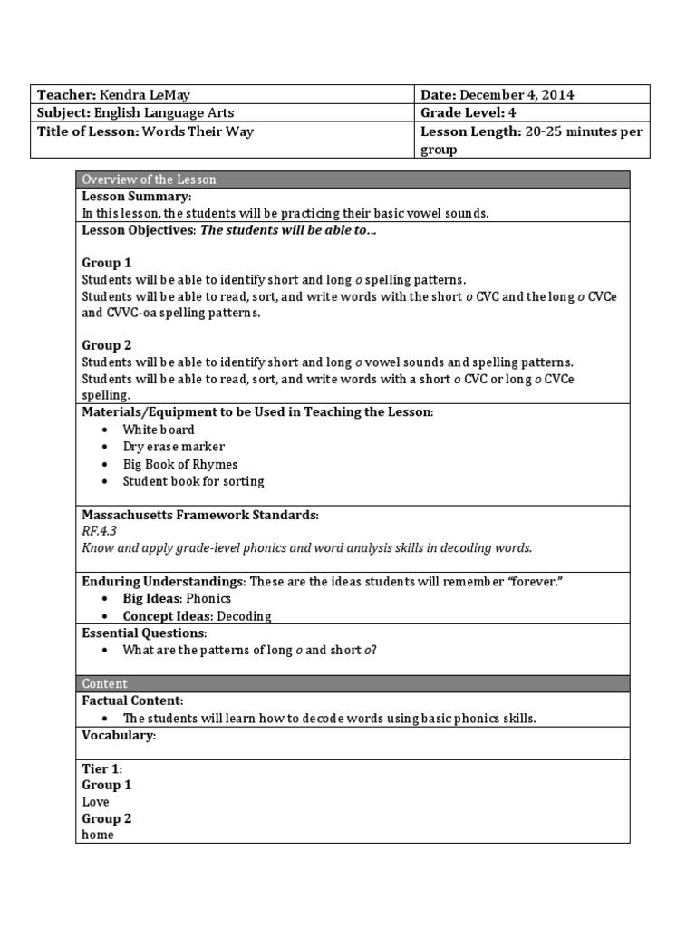 4th Grade Lesson Plan 2 | PDF | Phonics | Educational Assessment