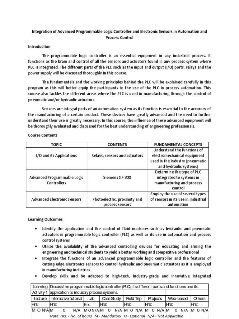 Mechatronics Course Outline Pdf Programmable Logic Controller Automation