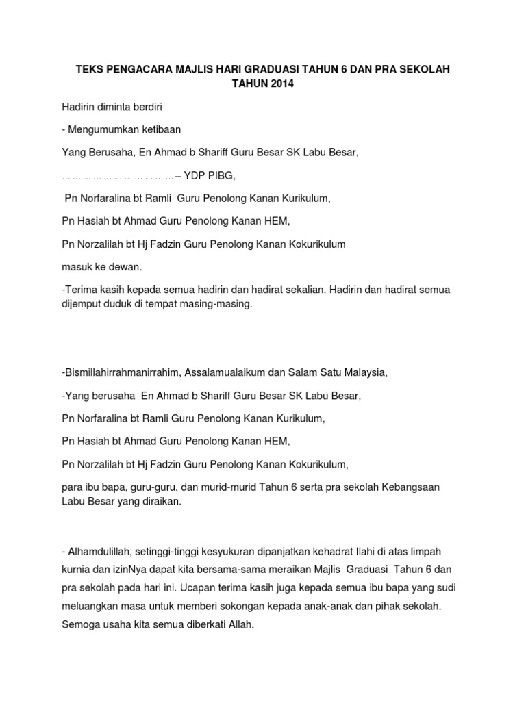 Teks Pengacara Majlis Hari Graduasi Tahun 6 Dan Pra Sekolah Tahun 2014 | PDF | Karier ...