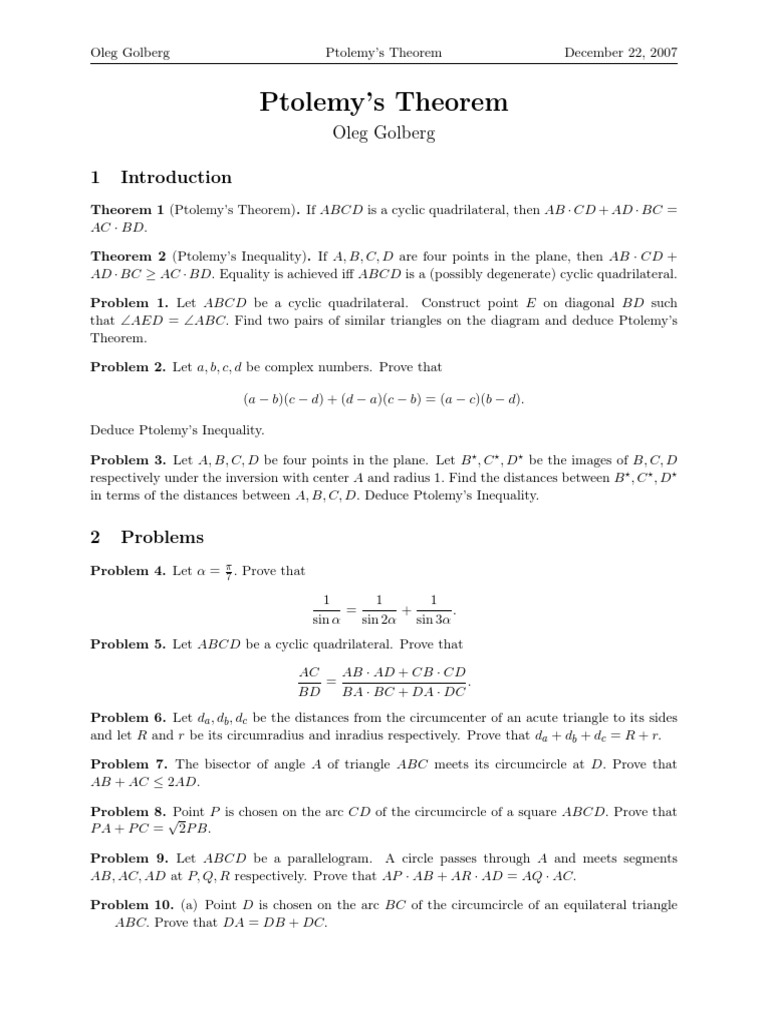 Ptolemy's Theorem: Oleg Golberg 1 | PDF