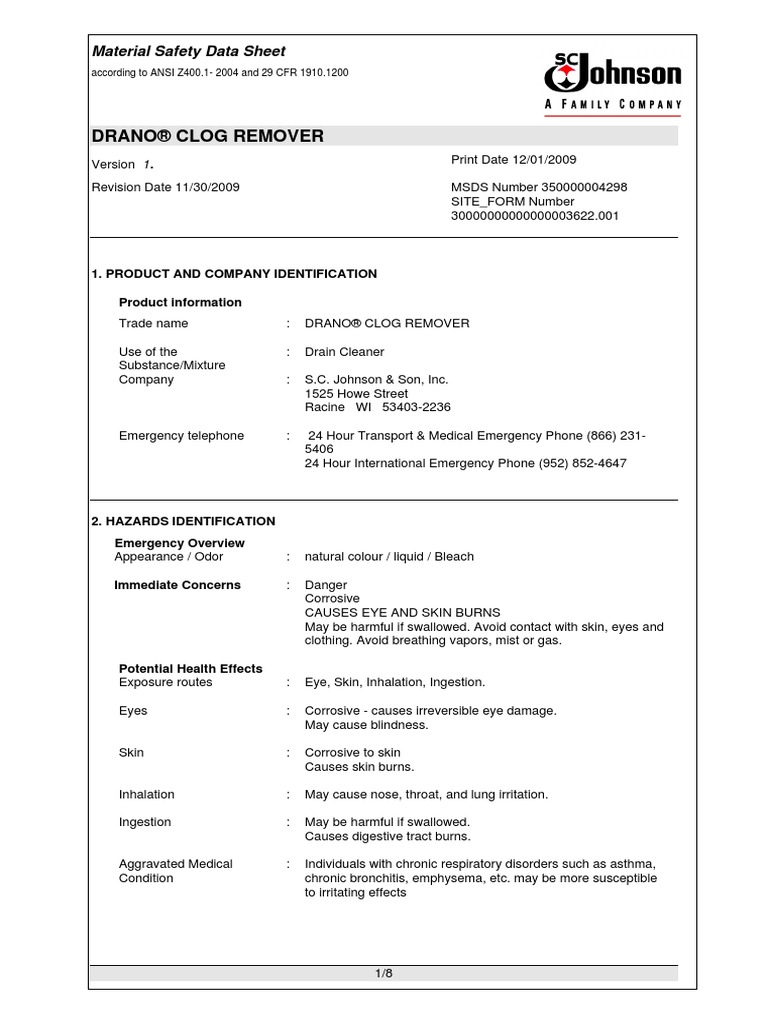 Drano® Clog Remover: Material Safety Data Sheet | PDF | Safety | Chemistry