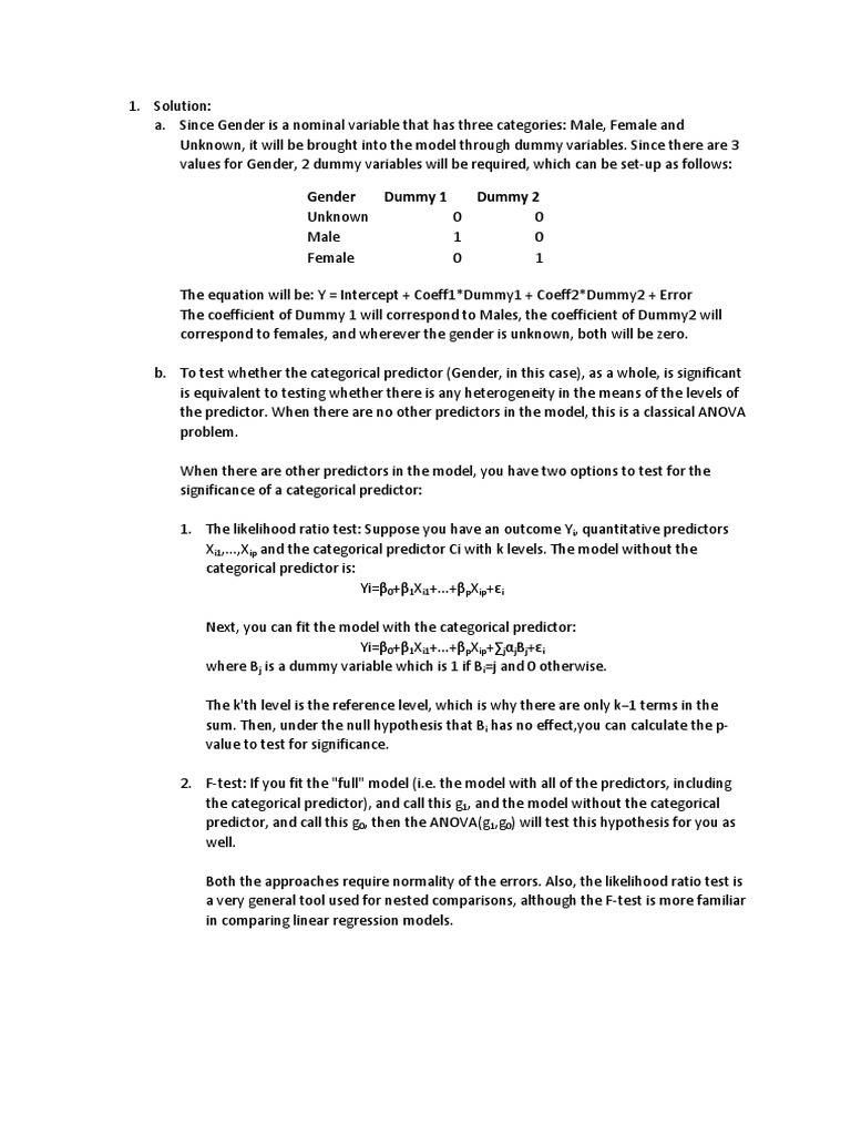 Gender Dummy 1 Dummy 2: I I1 Ip | PDF | Categorical Variable | F Test