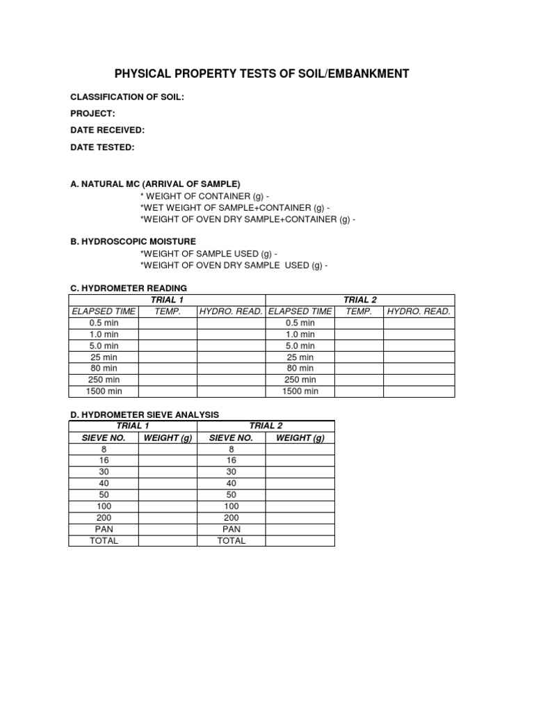 Work Sheet For Soil Testing | PDF