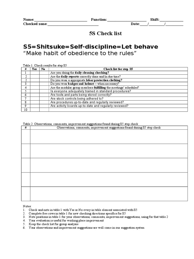 5S Self-Discipline Checklist | PDF | Business