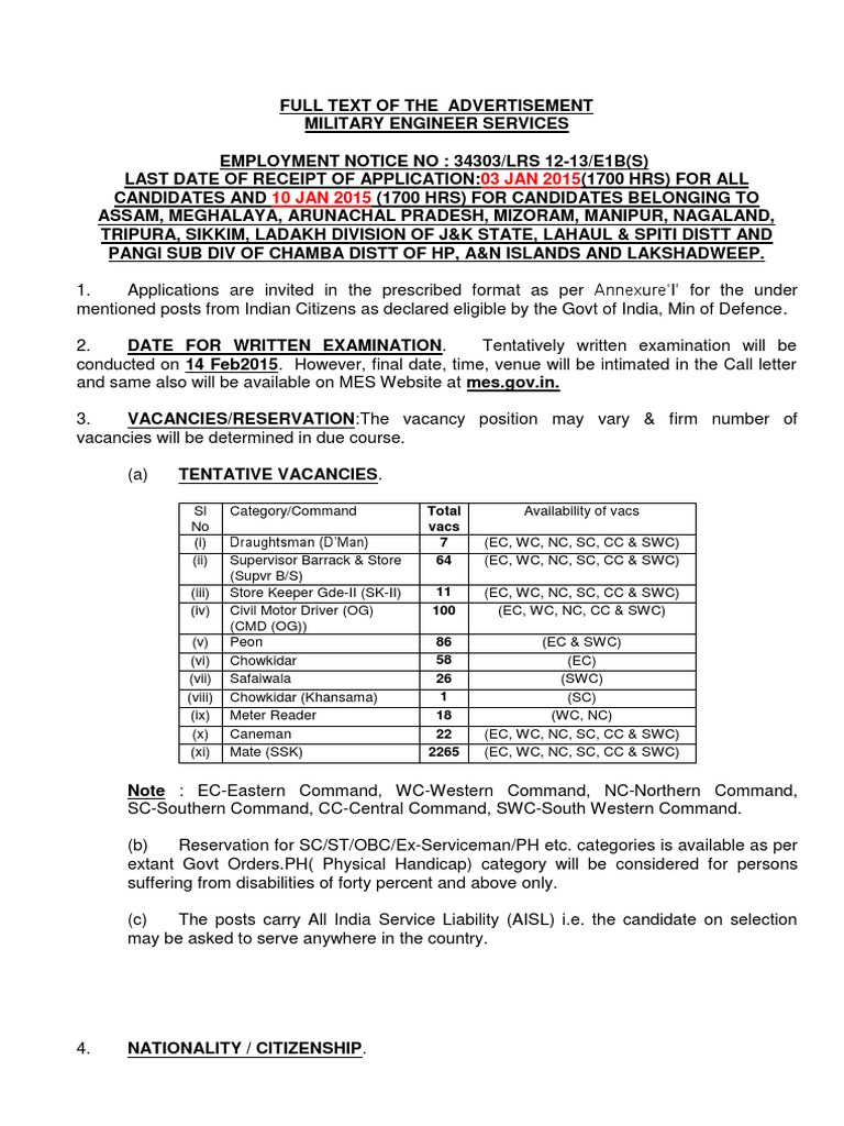 Notification Military Engineering Services Mate Civil Motor Driver and ...