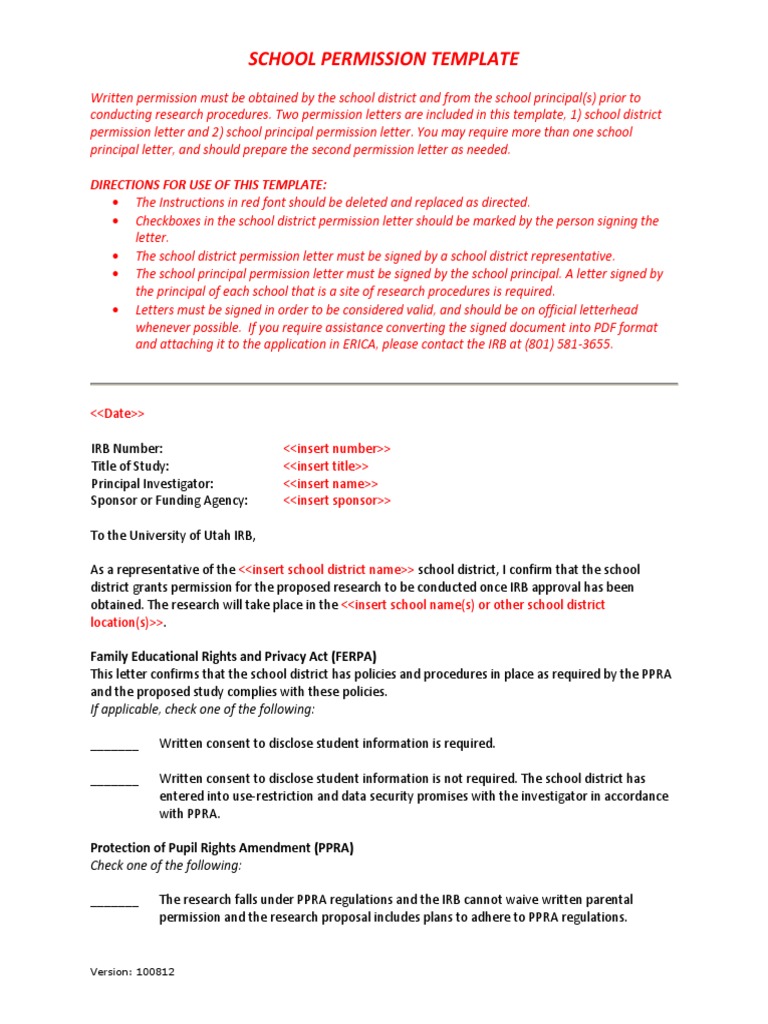 School Permission Template: Directions For Use Of This Template ...