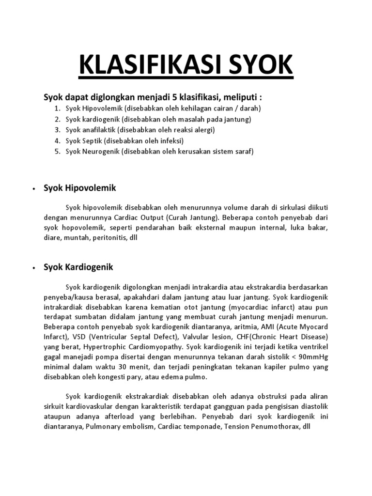 Klasifikasi Syok Pendarahan, Hipovolemik, Kardiogenik, Septik, Neurologik