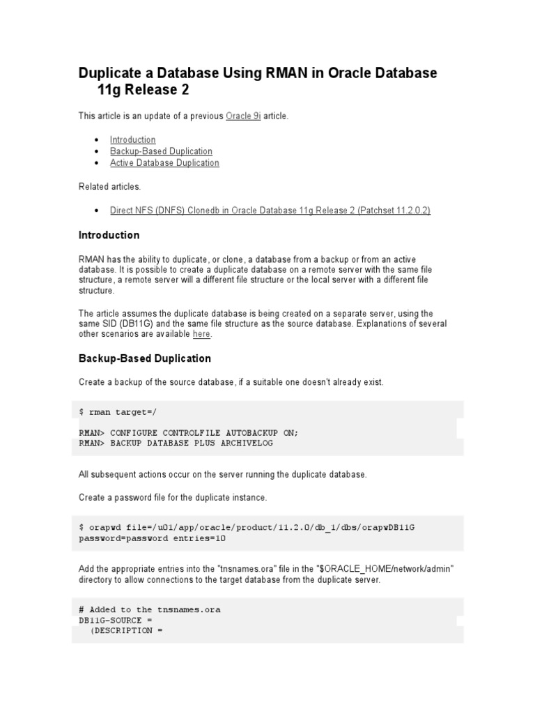 Duplicate A Database Using RMAN in Oracle Database 11g Release 2 | PDF