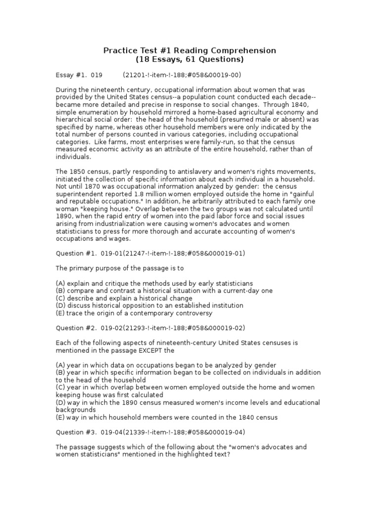 Practice Test #1 Reading Comprehension (18 Essays, 61 Questions | PDF ...