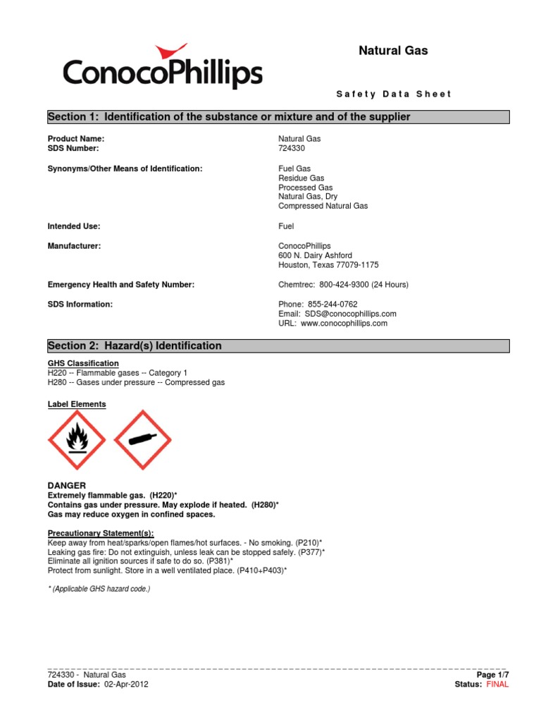 MSDS Natural Gas | Dangerous Goods | Combustion