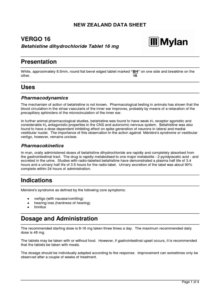 Vergo 16: Betahistine Dihydrochloride Tablet 16 MG | PDF | Vertigo ...