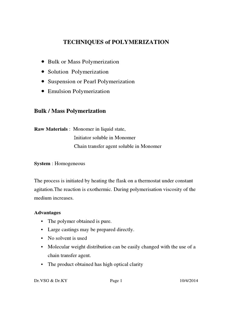 Techniques of Polymerization | PDF | Polymerization | Polymers