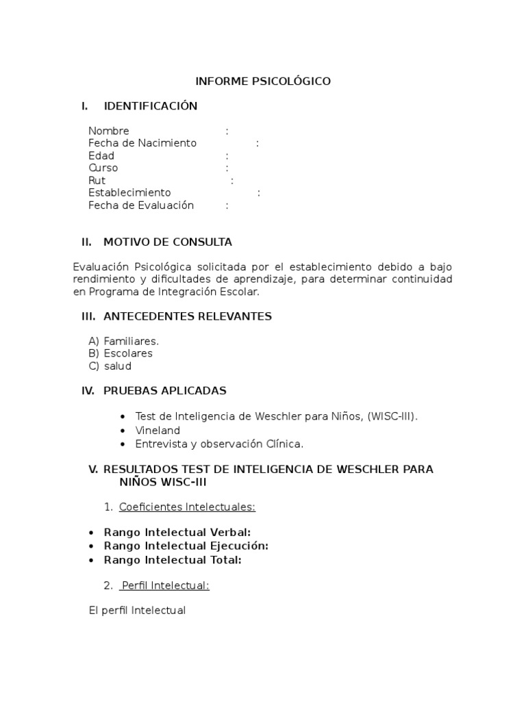 Protocolo Informe WISC III | PDF | Memoria | Aprendizaje