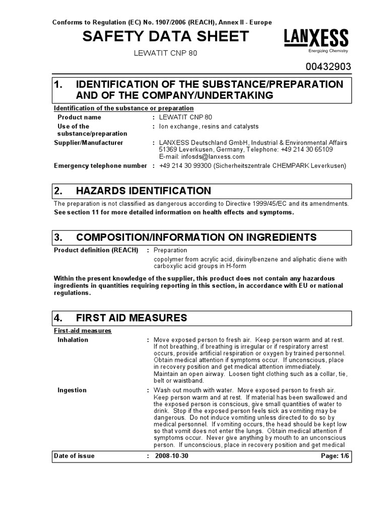 Ion Exchange Resin Lewatit CNP 80 Material Safety Data Sheet | PDF ...