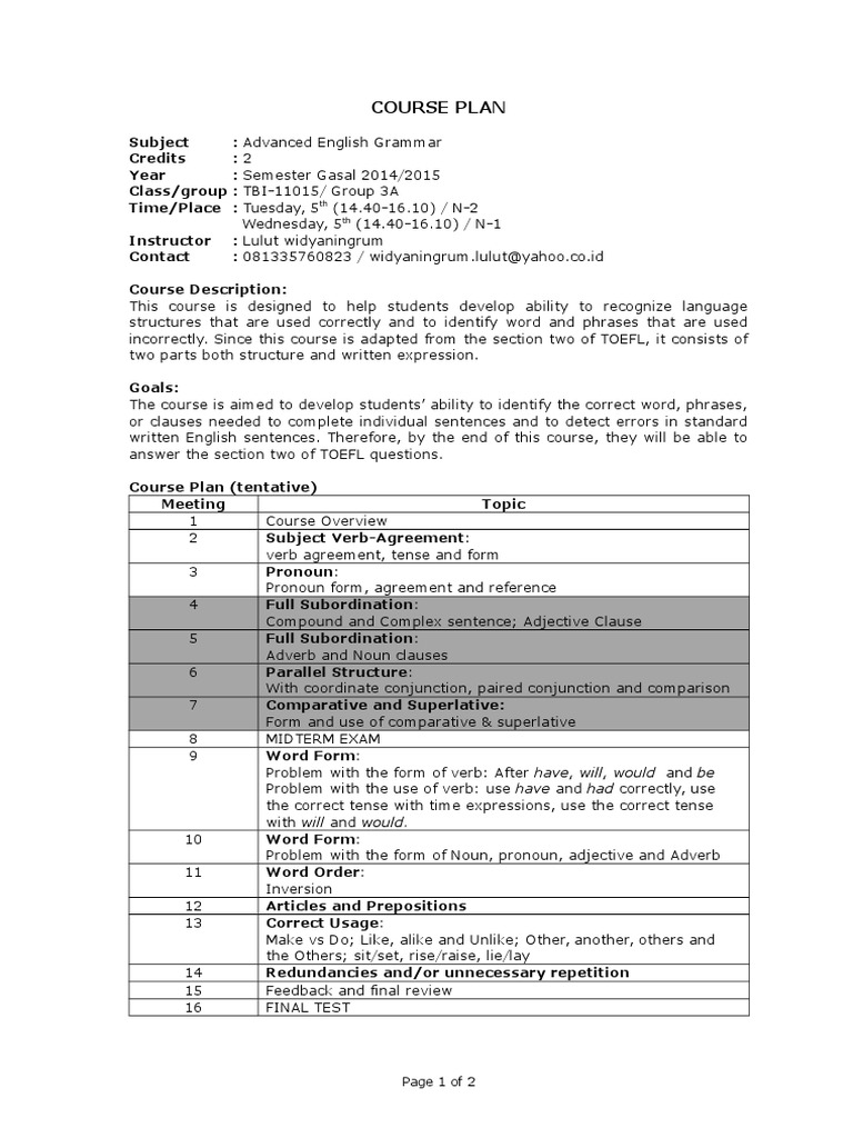 Advanced English Grammar Course Plan | PDF | Verb | Syntactic Relationships
