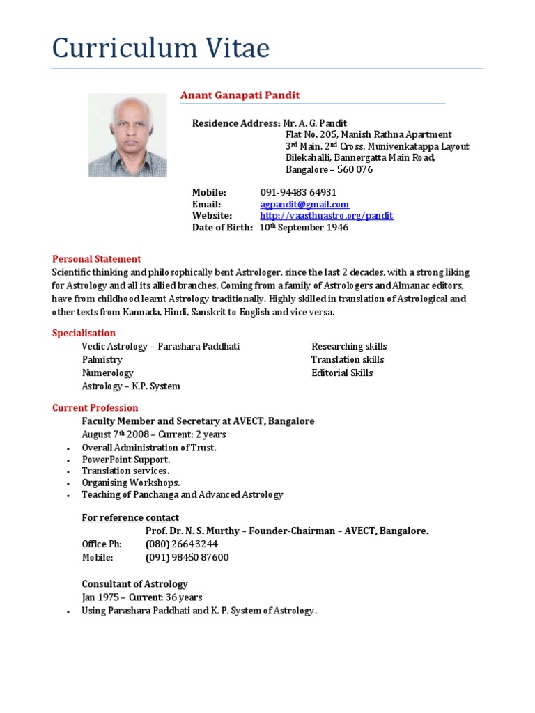 Dr. AG Pandit CV | PDF | Astrology | Hindu Astrology
