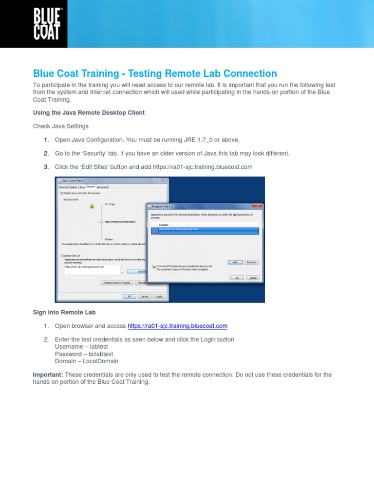 Blue Coat Training - Testing Remote Lab Connection: Using The Java ...