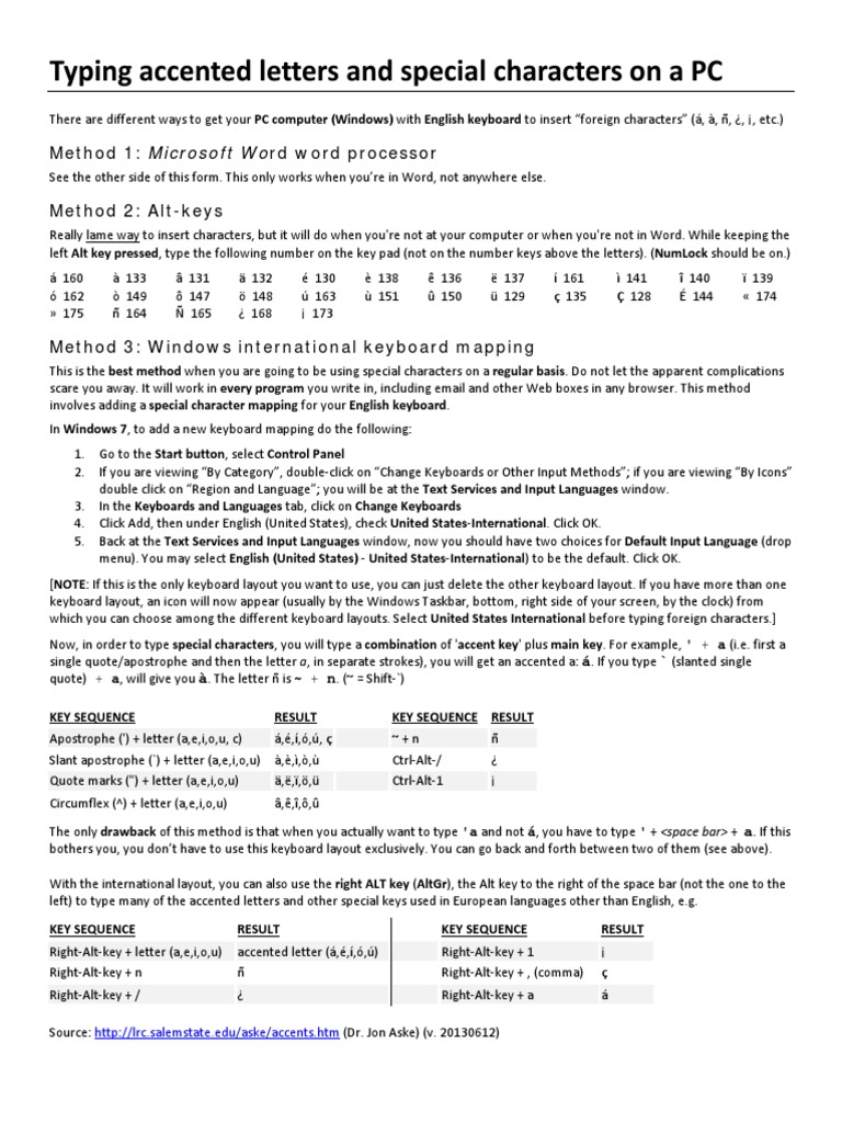 Typing accented letters and special characters on a PC | PDF | Computer Keyboard | Encodings